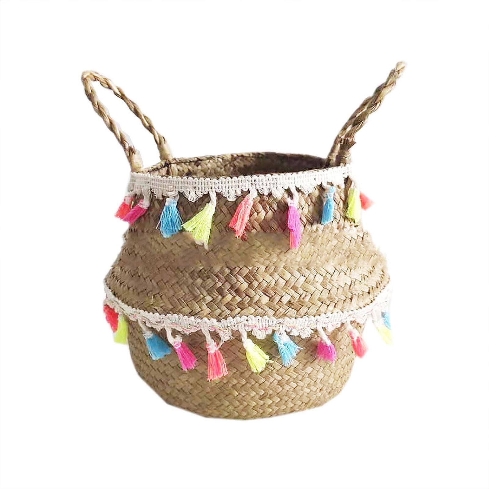 Syligr Tassel Macrame Woven Seagrass Belly Basket For Storage Decoration Laundry Picnic