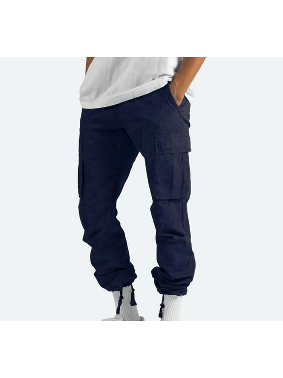 Grey Cargo Pants Mens Street Casual Sports Multi Pocket Foot Hat Rope Waist Tie Solid Color ...