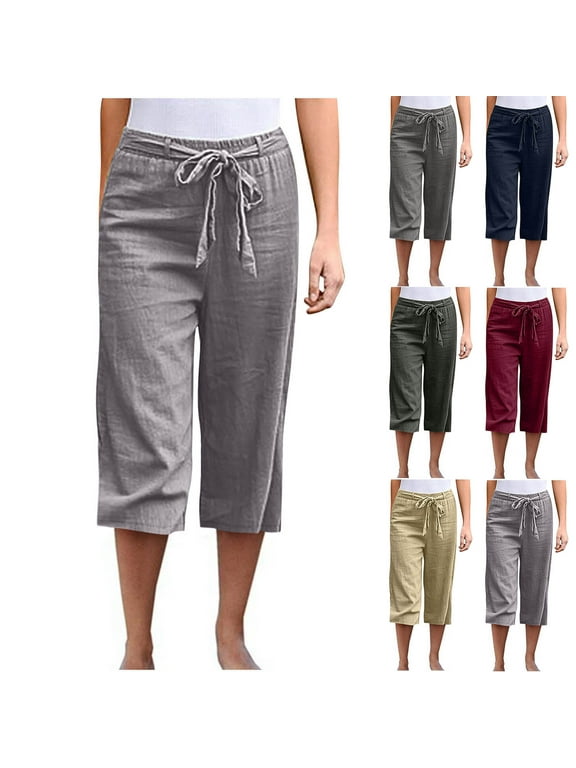 Dyegold Capris For Women Plus Size Summer Casual Wide Leg Cropped Pants Stretch Pull On Loose ...