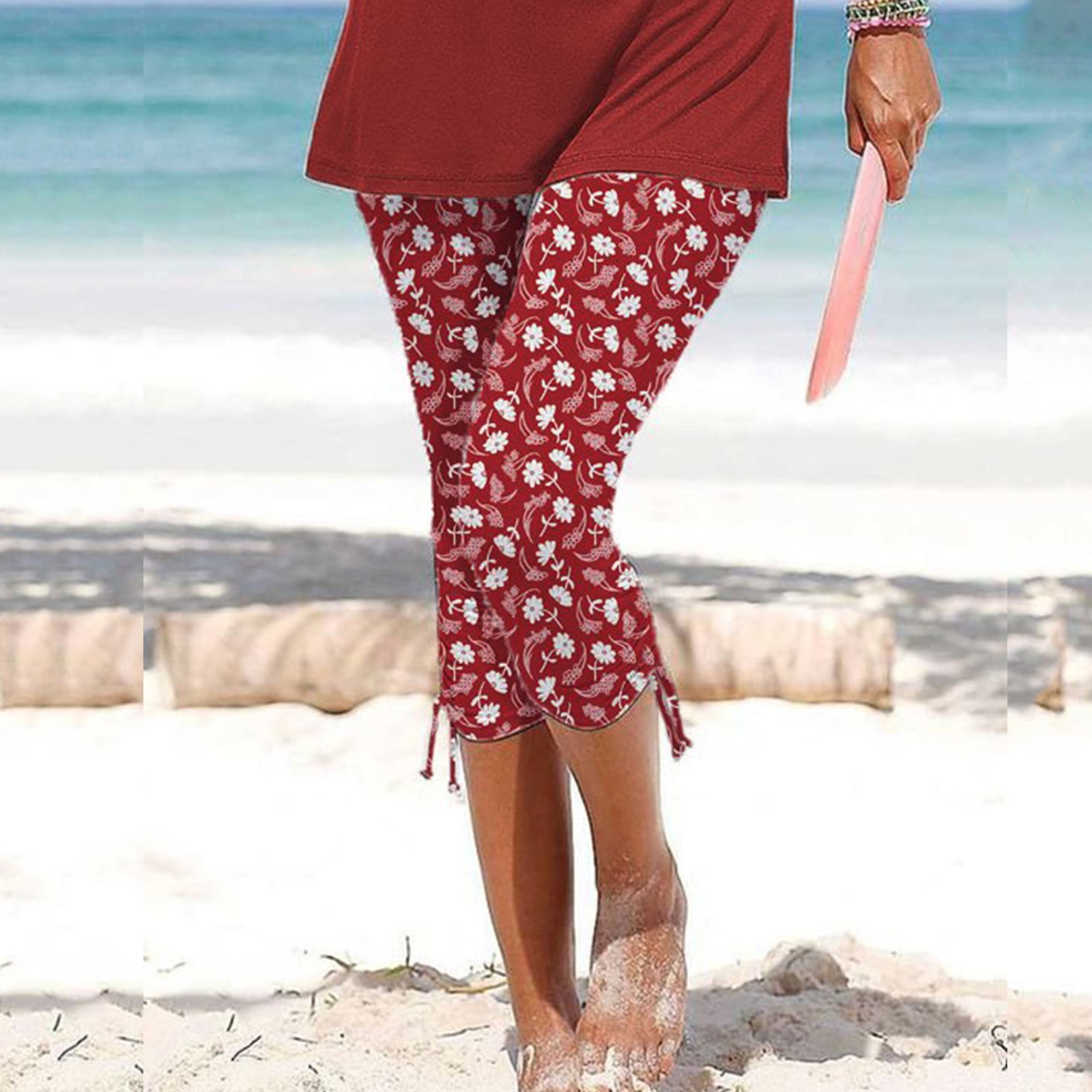 symoid Womens Capris- Summer Casual Drawstring Printed Cropped Pants ...