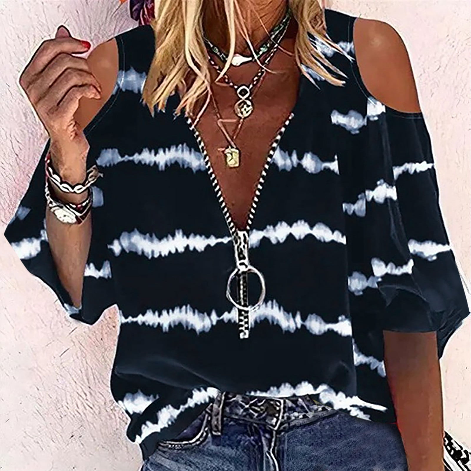 Symoid Womens V Neck Flutter Cold Shoulder Blouse Casual Printed