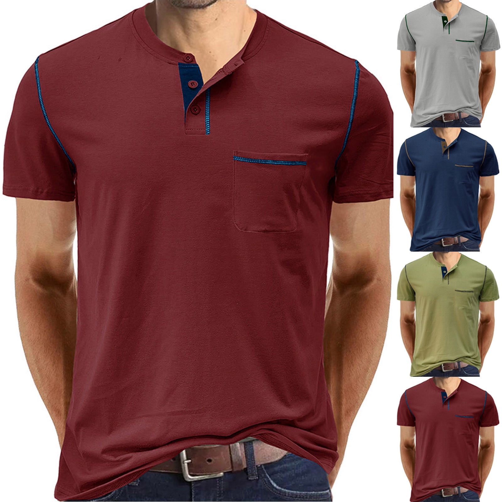 symoid Workout T-shirts for Men Big and Tall- Big and Tall Stand Collar Summer Value Casual Blue ...