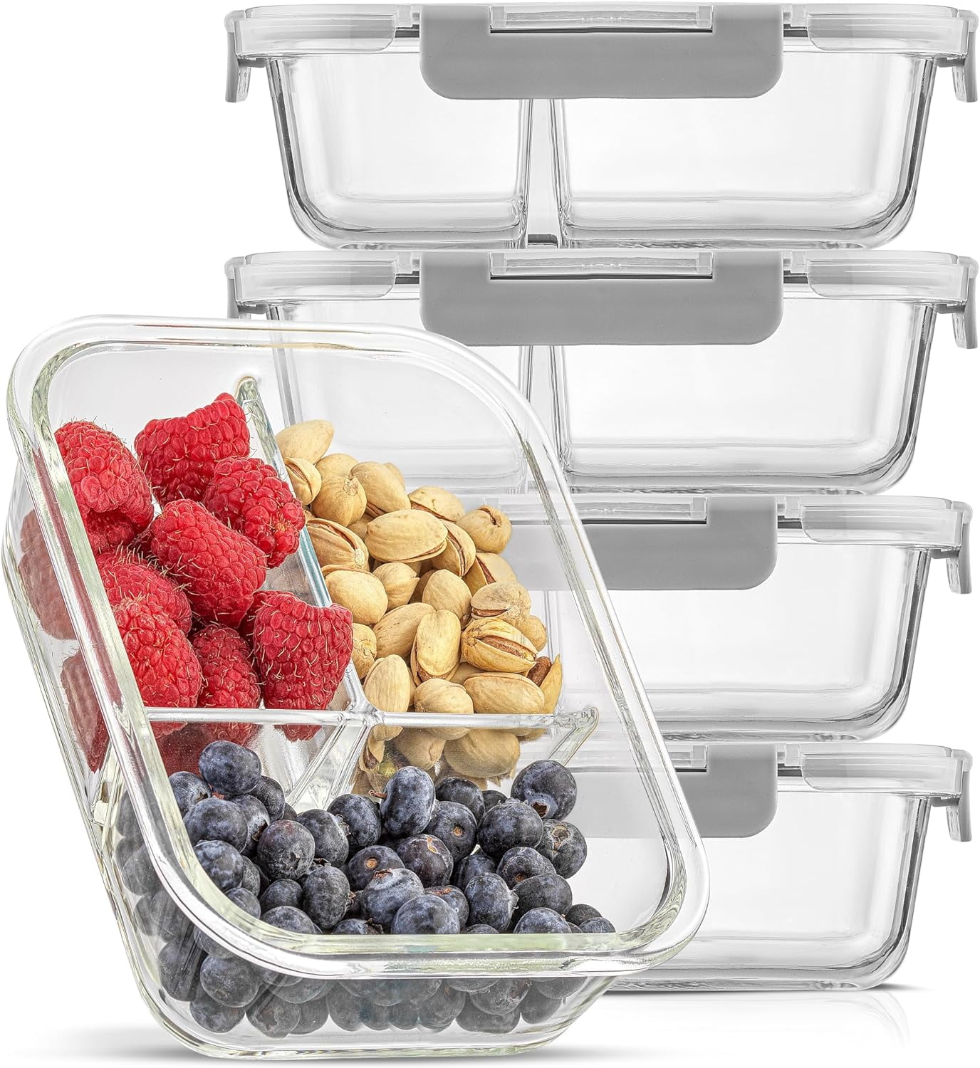 t Divided Food Storage Containers with Lids Airtight. 5 Pack Glass Meal ...