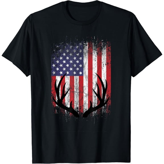 Deer Hunting American Flag Whitetail Buck Antlers Mens T-Shirt ...