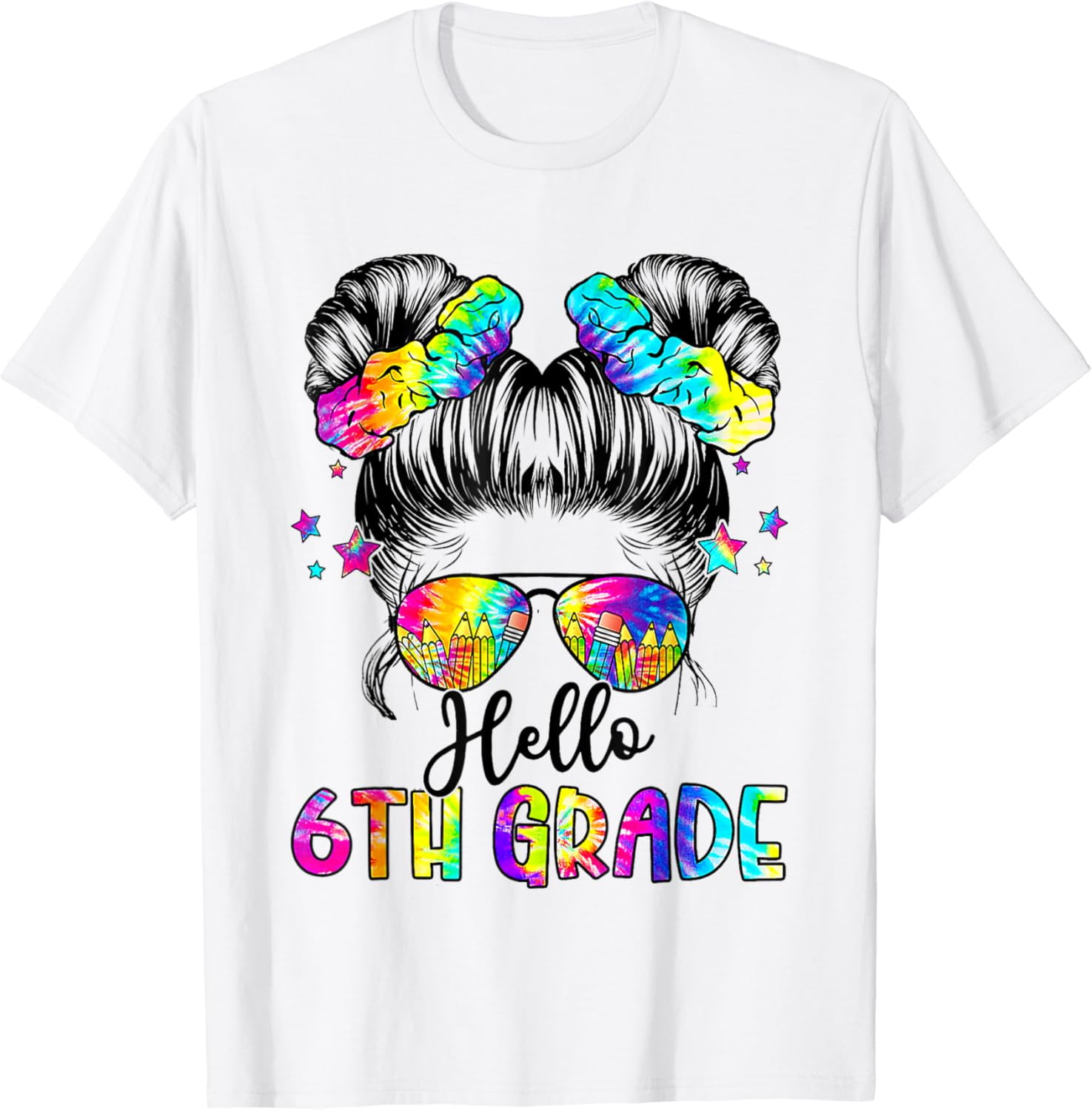 t-shirt Hello 6th Grade Messy Hair Bun Girl Back To School First Day T ...