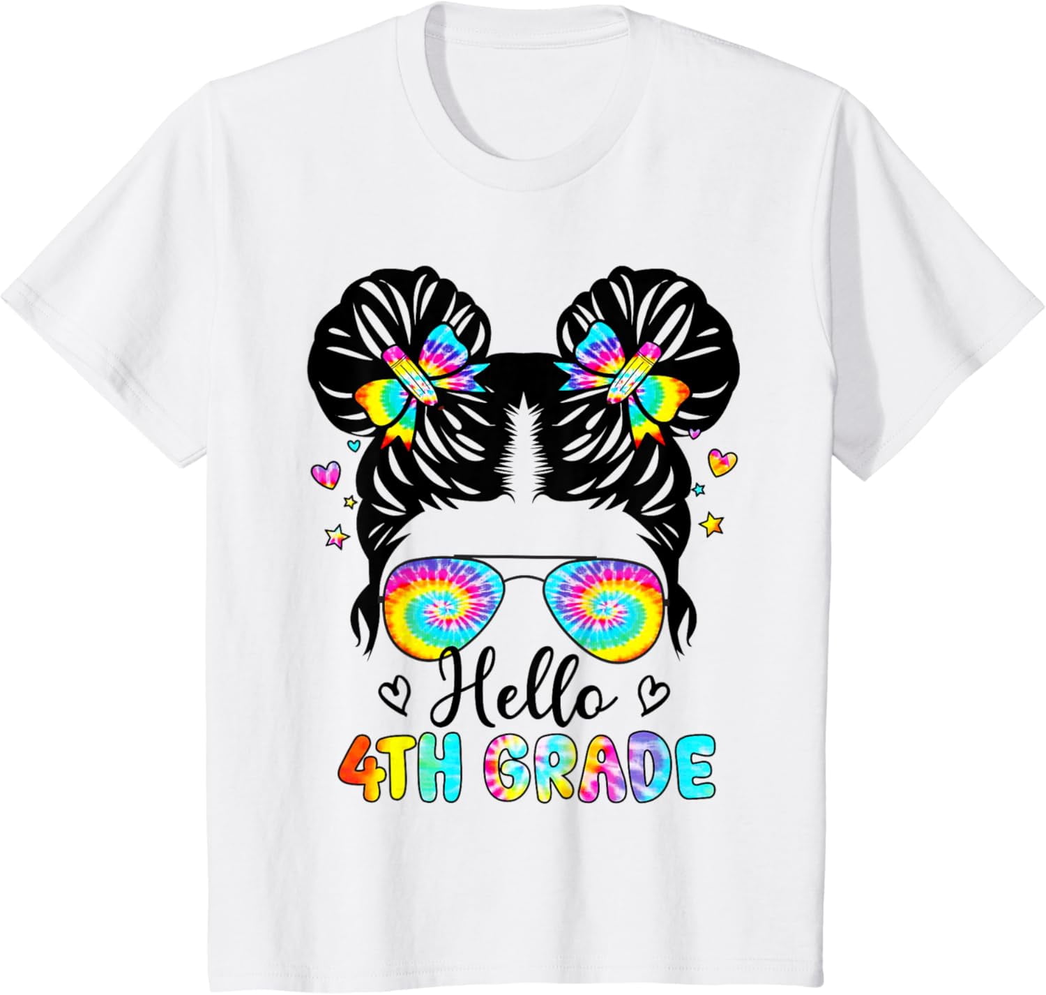 t-shirt Kids Hello 4th Grade Messy Hair Bun Girl Back To School First ...
