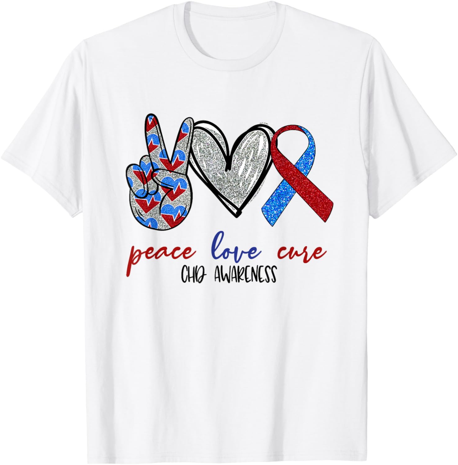 t-shirt Peace Love Cure CHD Awareness Month Red & Blue Heart Warrior T ...