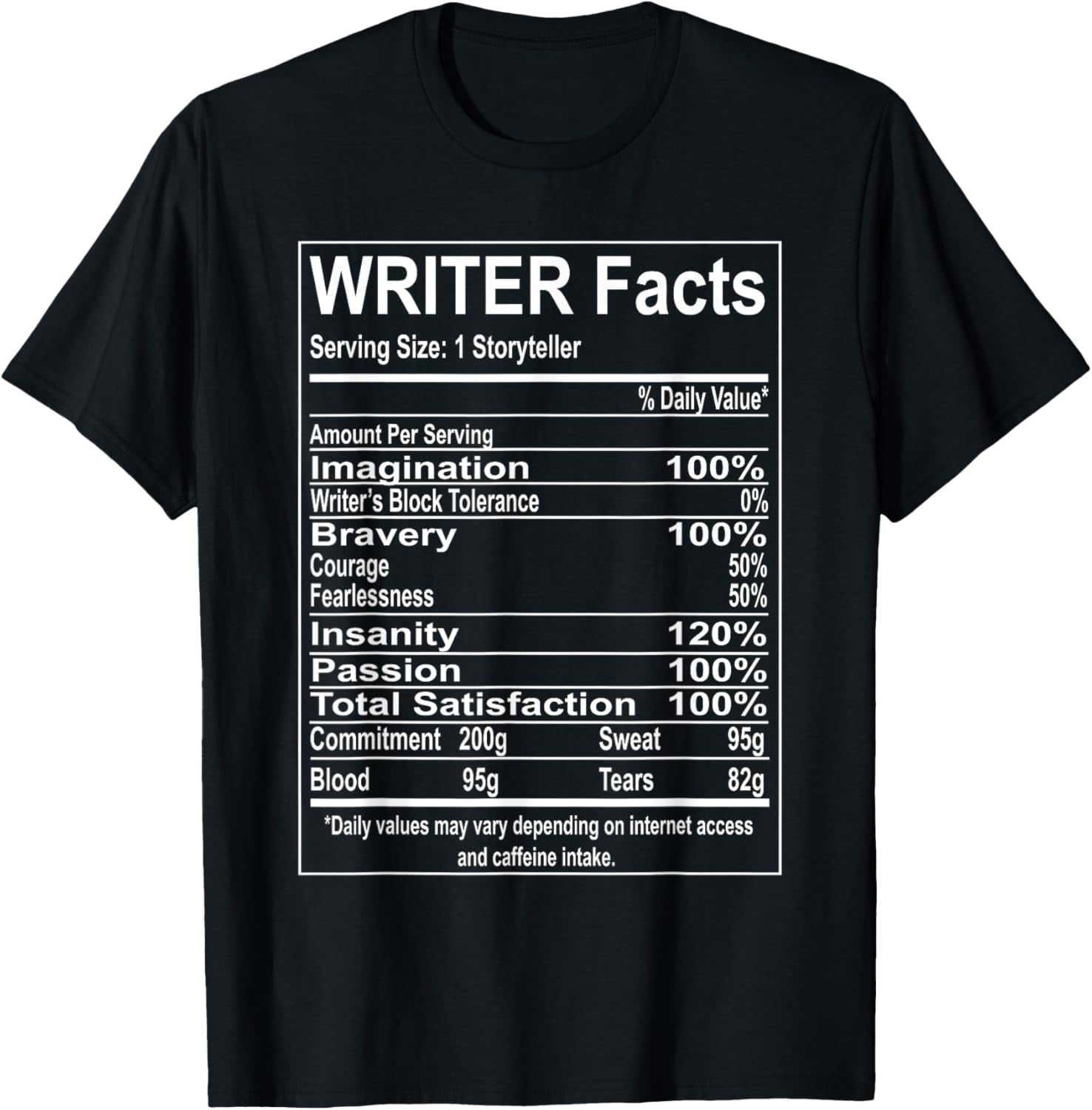 t-shirt Writer Facts Storyteller Nutrition Information T-Shirt mens ...