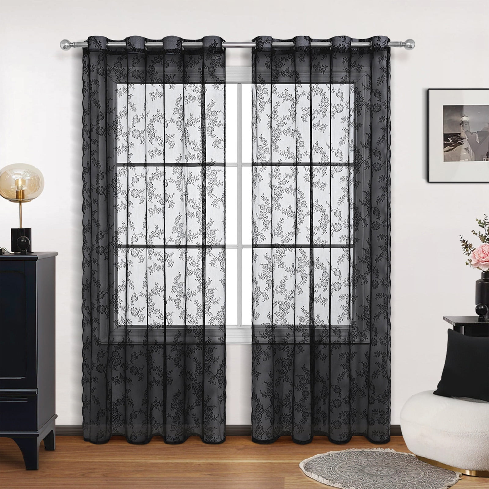 taicans Floral Lace Rod Pocket Curtain Panel,Black Sheer Lace Curtains ...