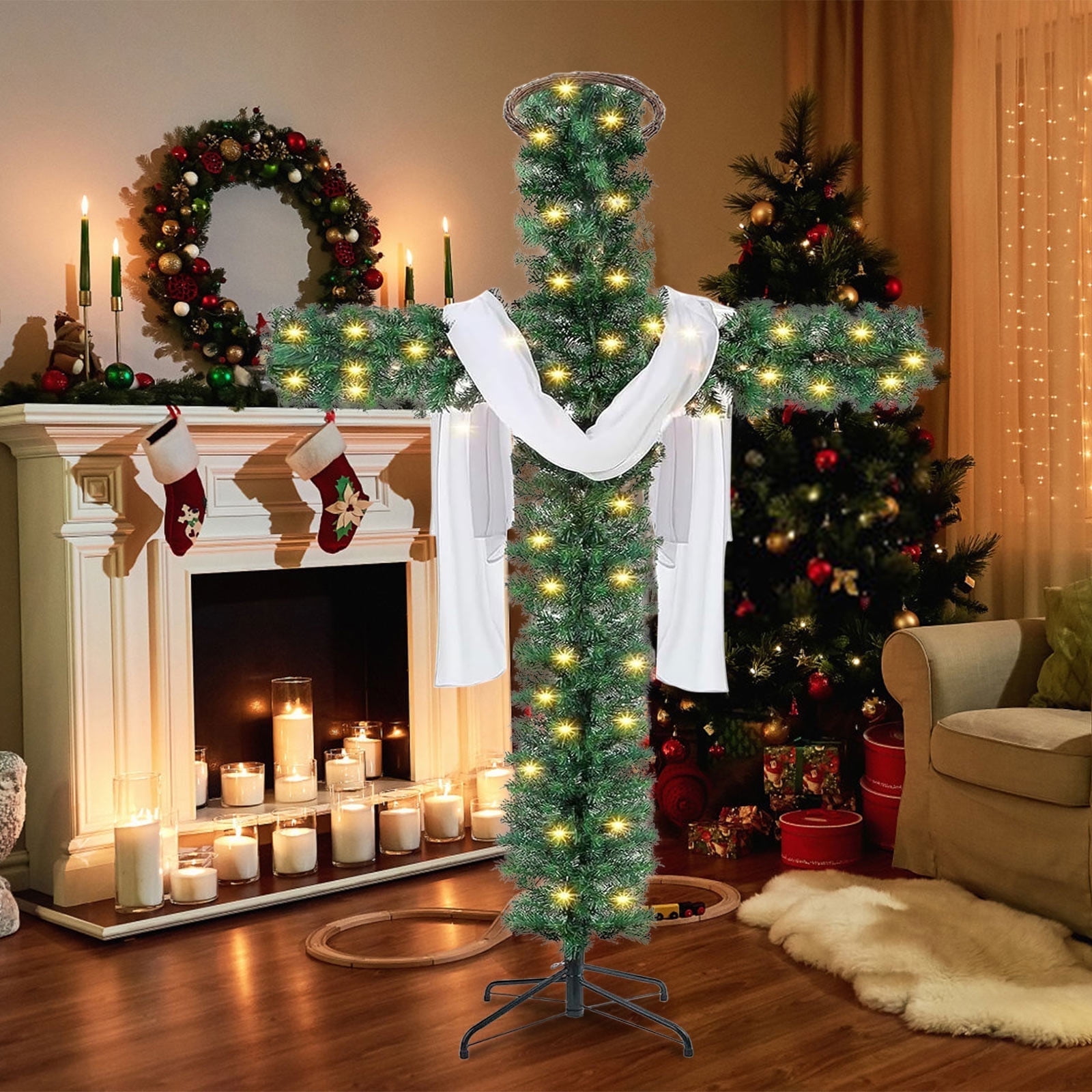 Taicans Pre-Lit Artificial Pine Christmas Cross Foldable Christmas Tree ...