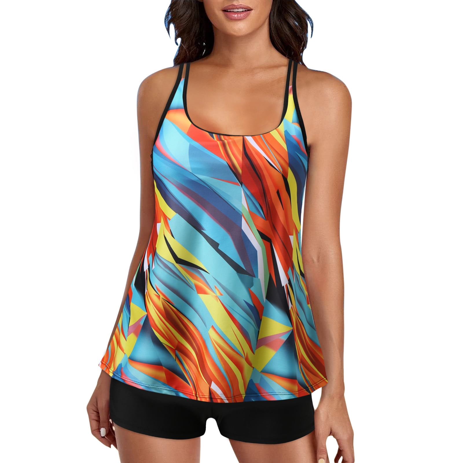 tankini tops for women Plus Size Tropical Print Cyan Wide Strap Top ...
