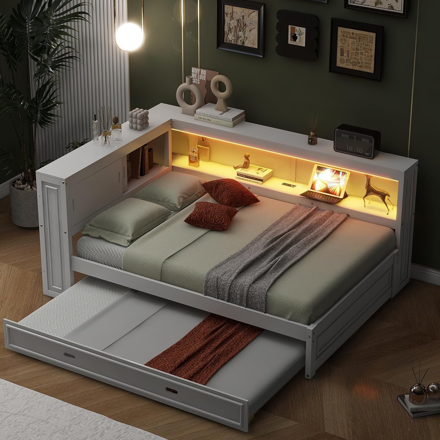 tanmiaosm Full Size Daybed with Trundle and Storage Bookcase, L Shaped ...