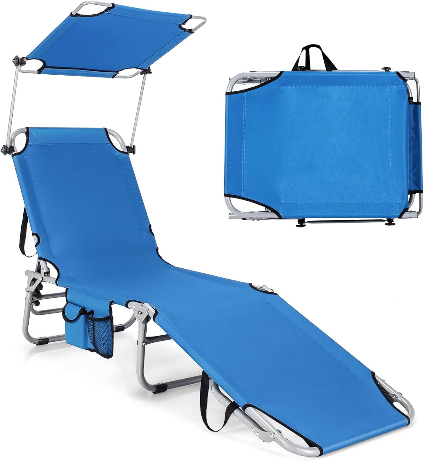 Tanning Chair, Beach Lounge Chair with Canopy Sunshade, Carry Handle ...