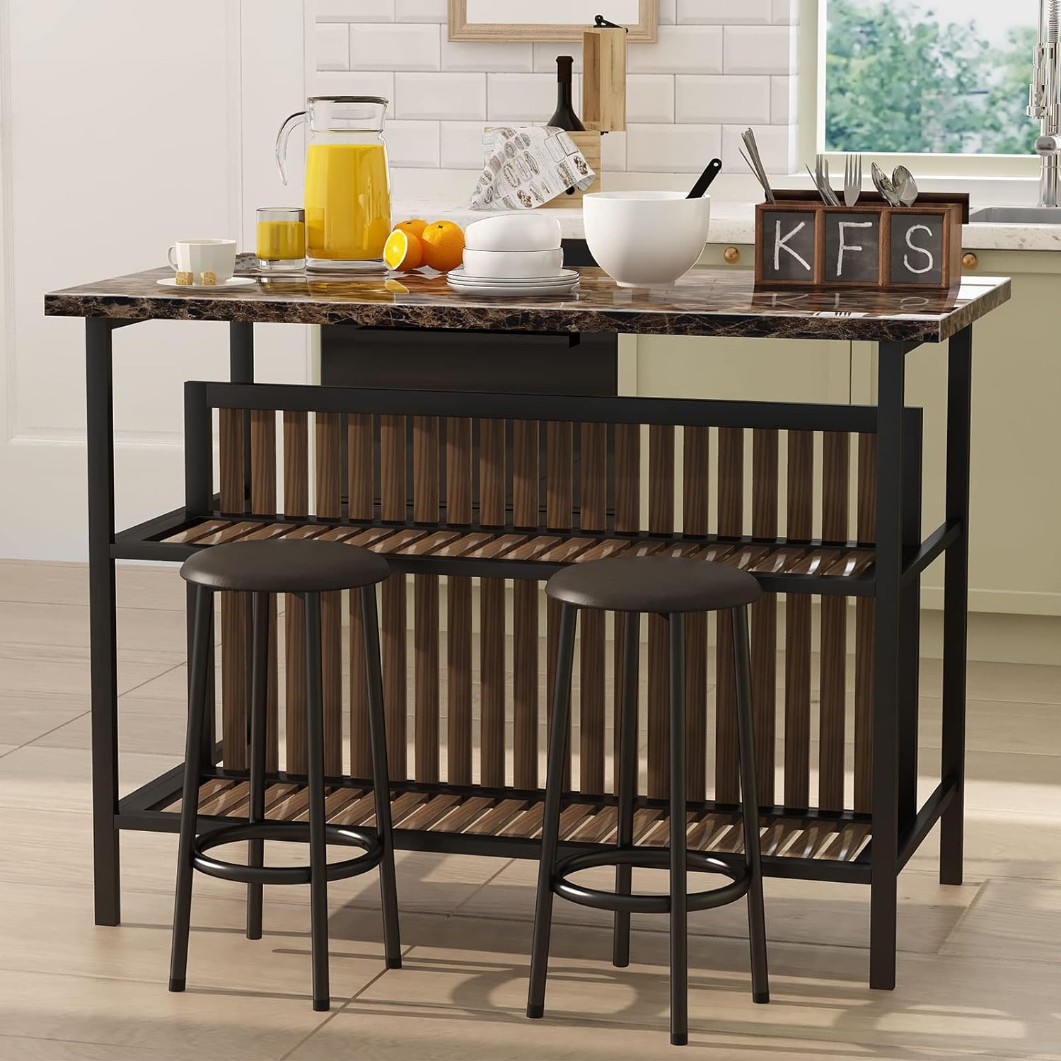 Wood & Marble Counter Height Set, 3 Piece Pack, Brown - Walmart.com