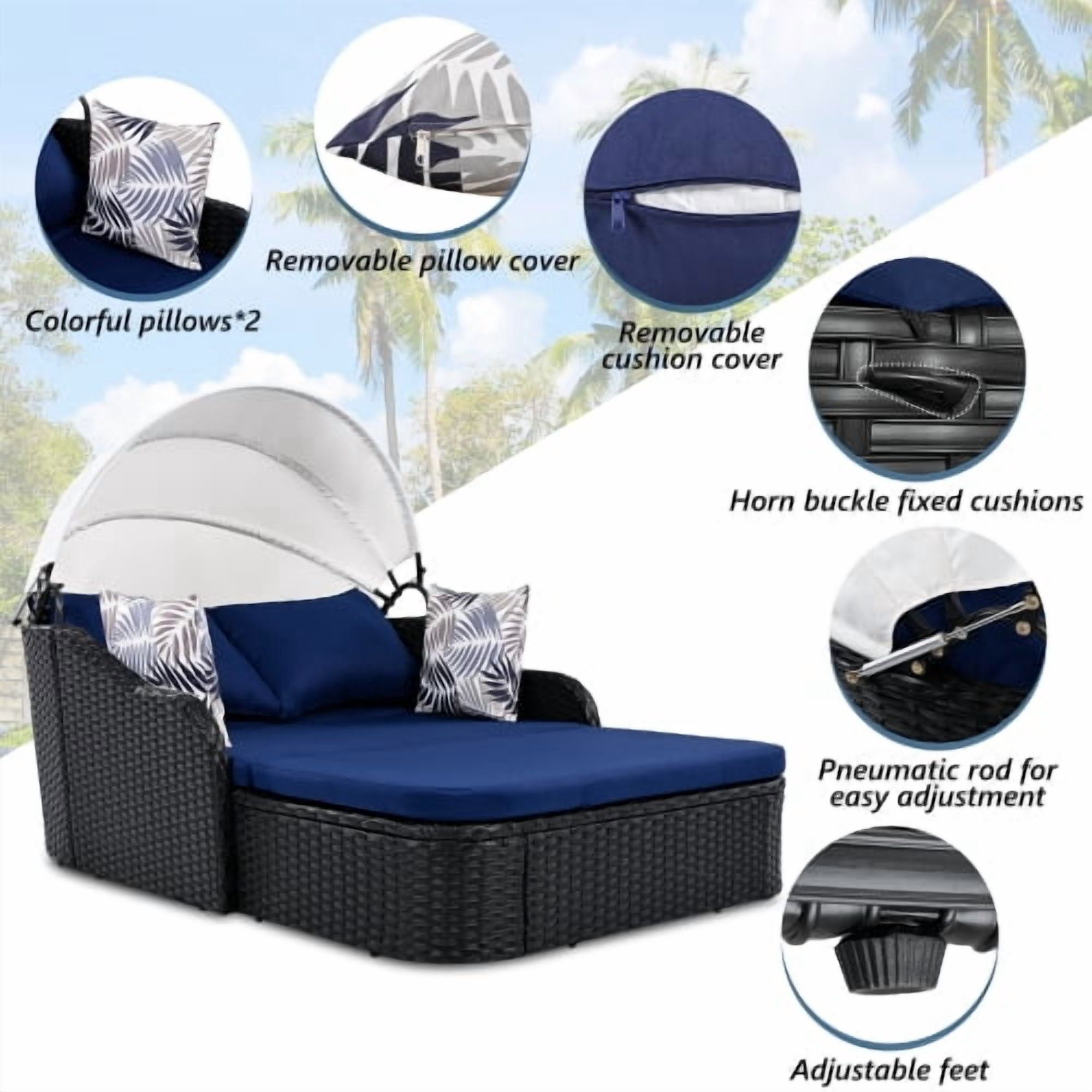 taoruifang 79.9" Outdoor Sunbed with Adjustable Canopy Black Wicker and ...