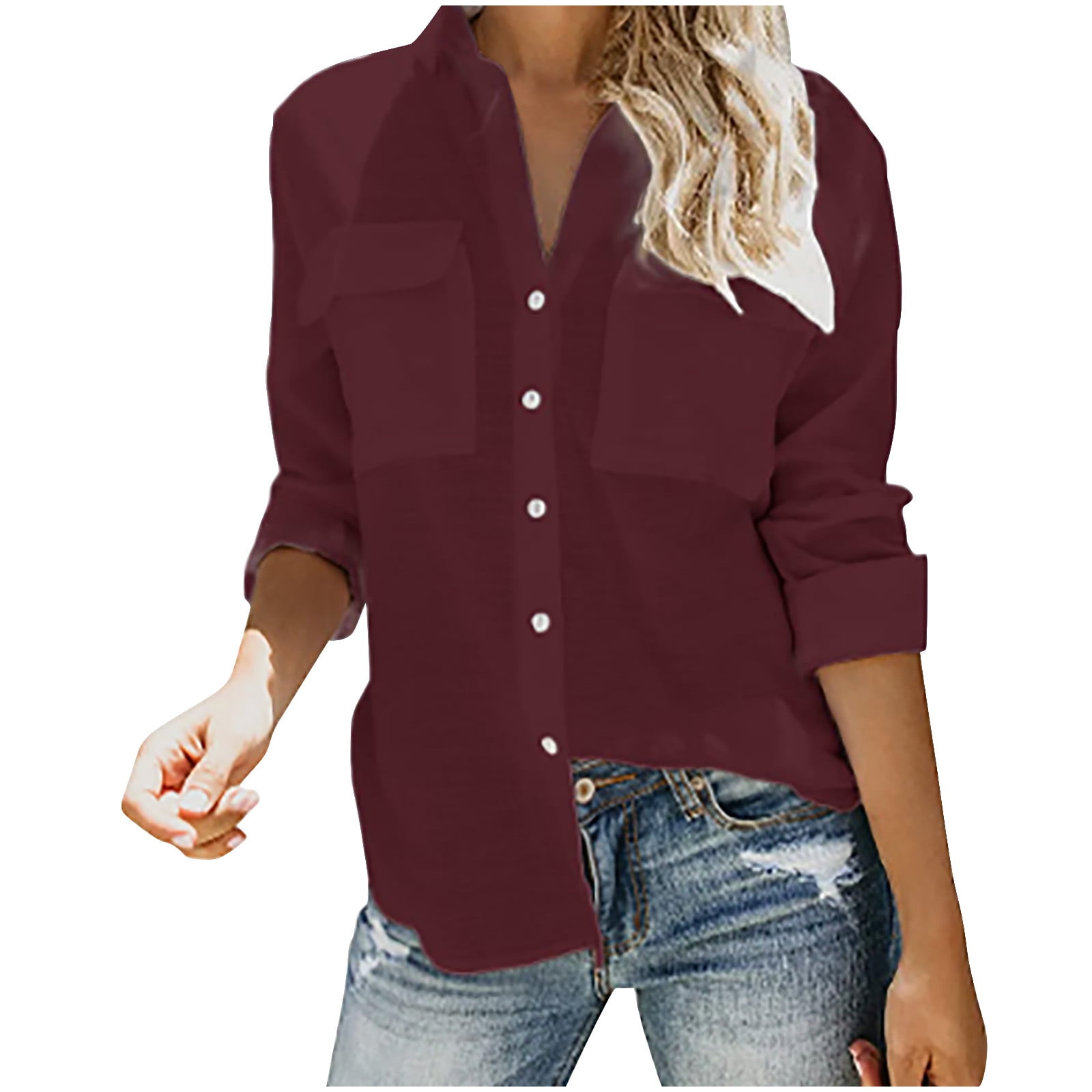 tarylea Business tops for Women Long Sleeve Shirts with Two Chest Pockets Turndown Collar Button ...