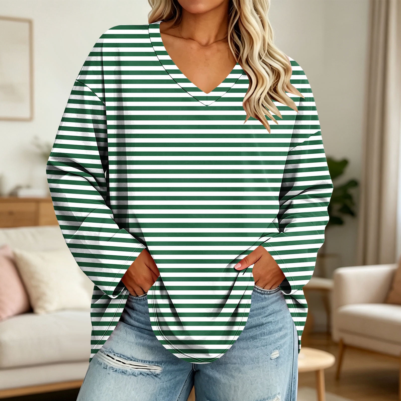 tarylea Plus Size Tops for Women Long Sleeve V Neck Striped T-Shirts ...