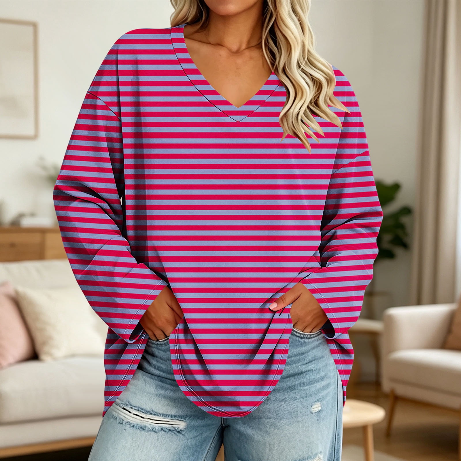 tarylea Plus Size Tops for Women Long Sleeve V Neck Striped T-Shirts ...