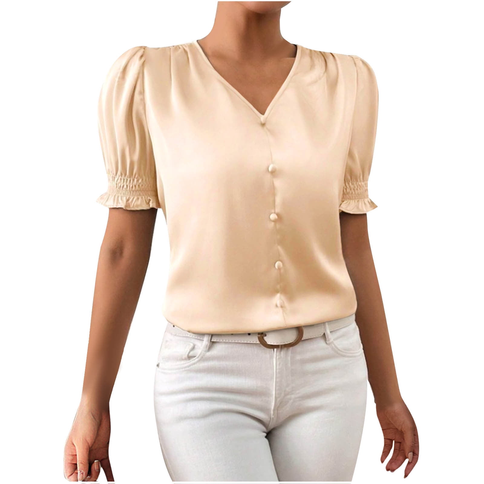tarylea Satin Top for Women Dressy Casual Puff Short Sleeve Work Shirts ...