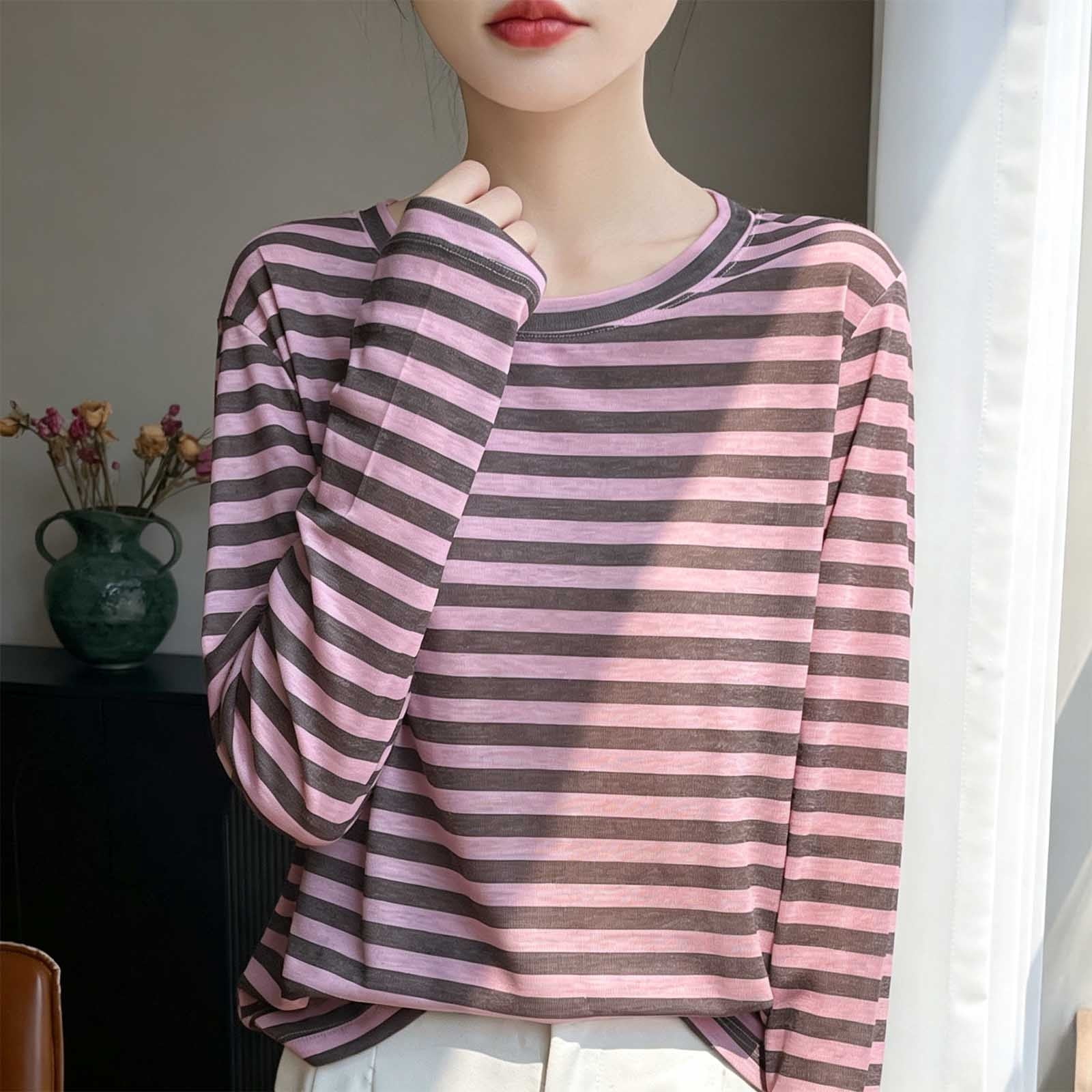 tarylea Striped Tops for Women Long Sleeve Crew Neck Color Blocked T ...