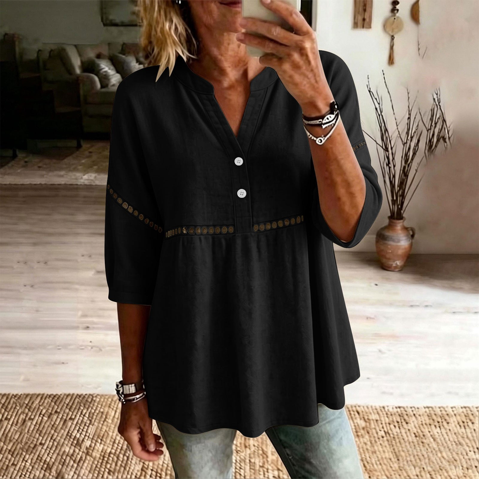 tarylea Summer Tops for Women Puff Elbow Length Sleeve Hollow out Notch ...