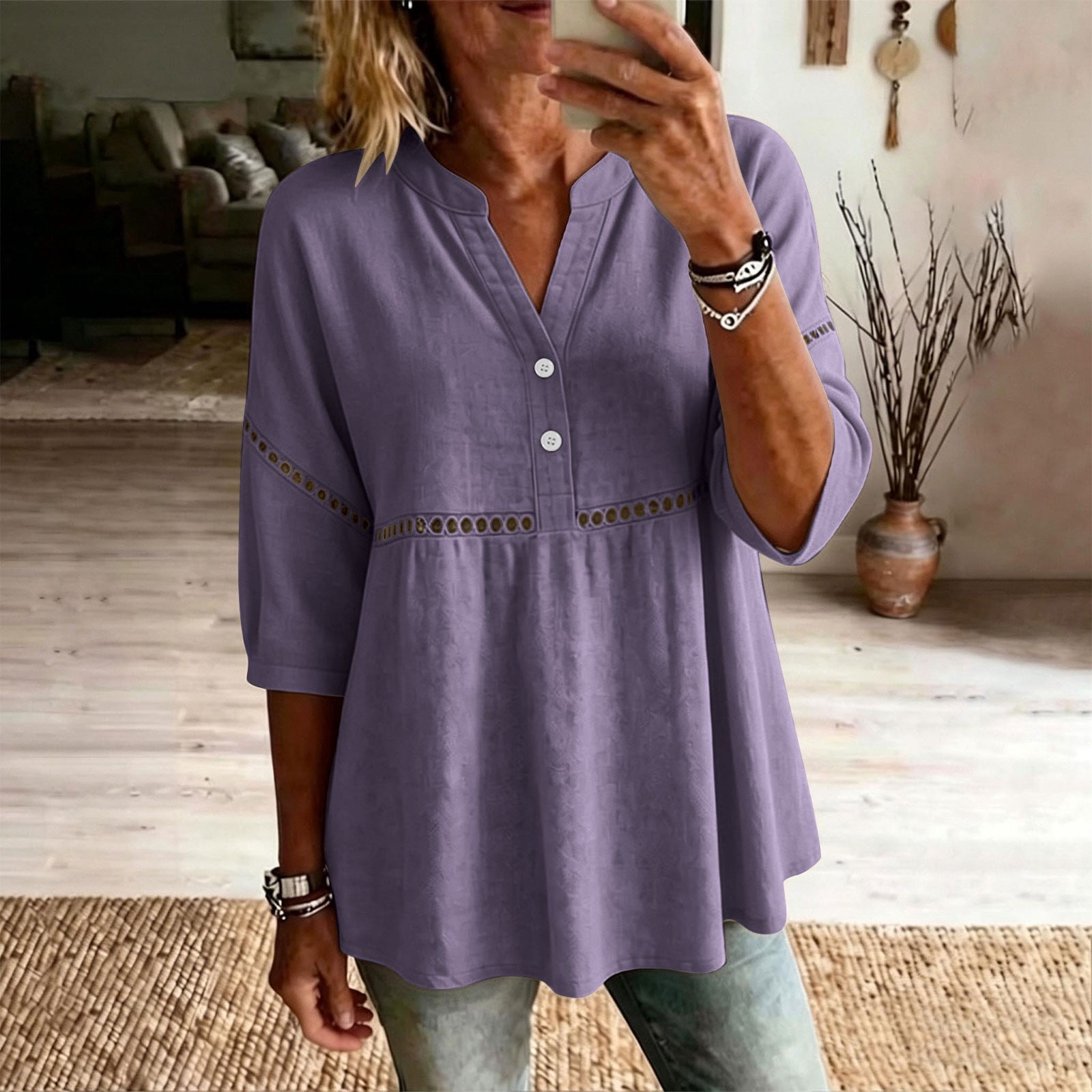 tarylea Summer Tops for Women Puff Elbow Length Sleeve Hollow out Notch ...