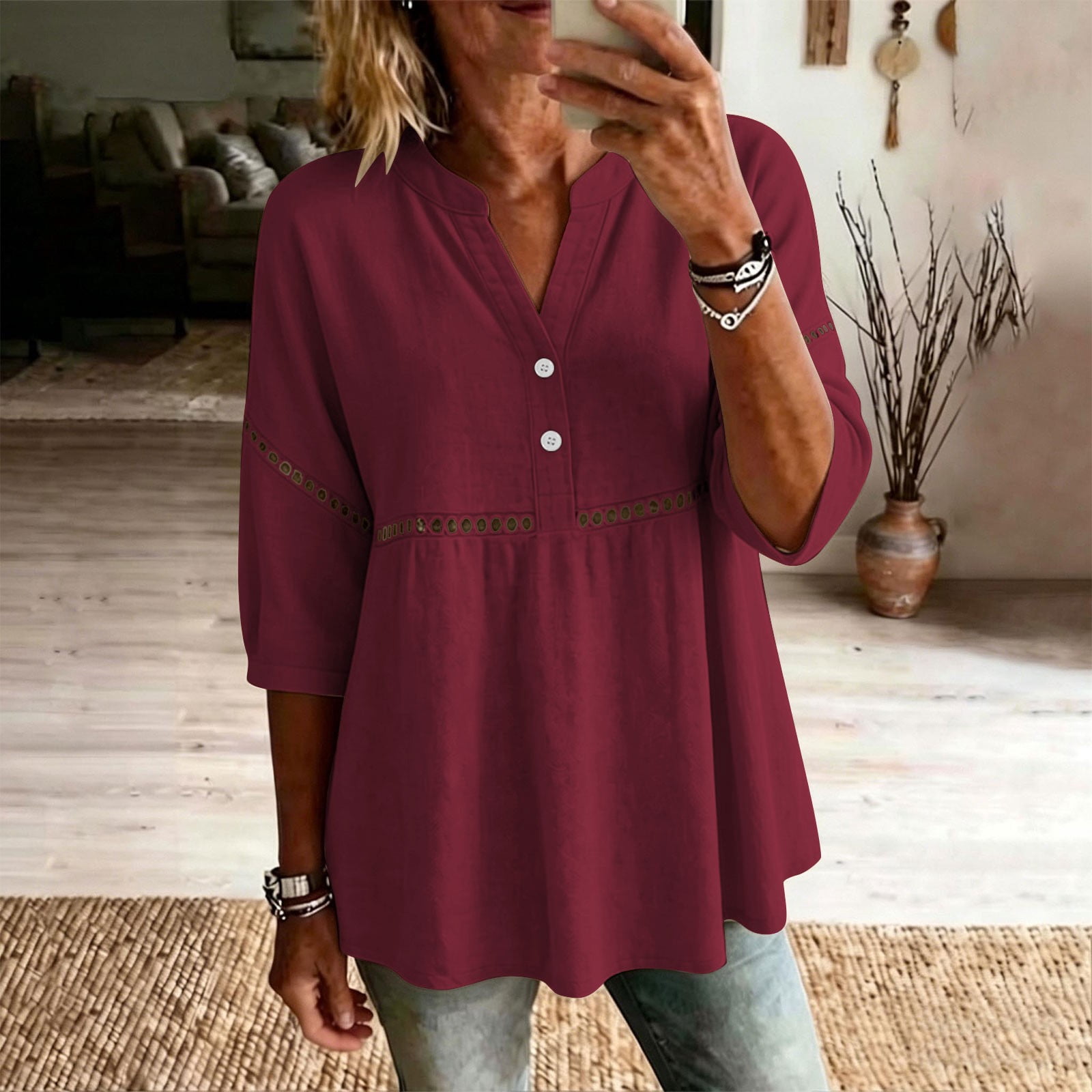 tarylea Summer Tops for Women Puff Elbow Length Sleeve Hollow out Notch ...