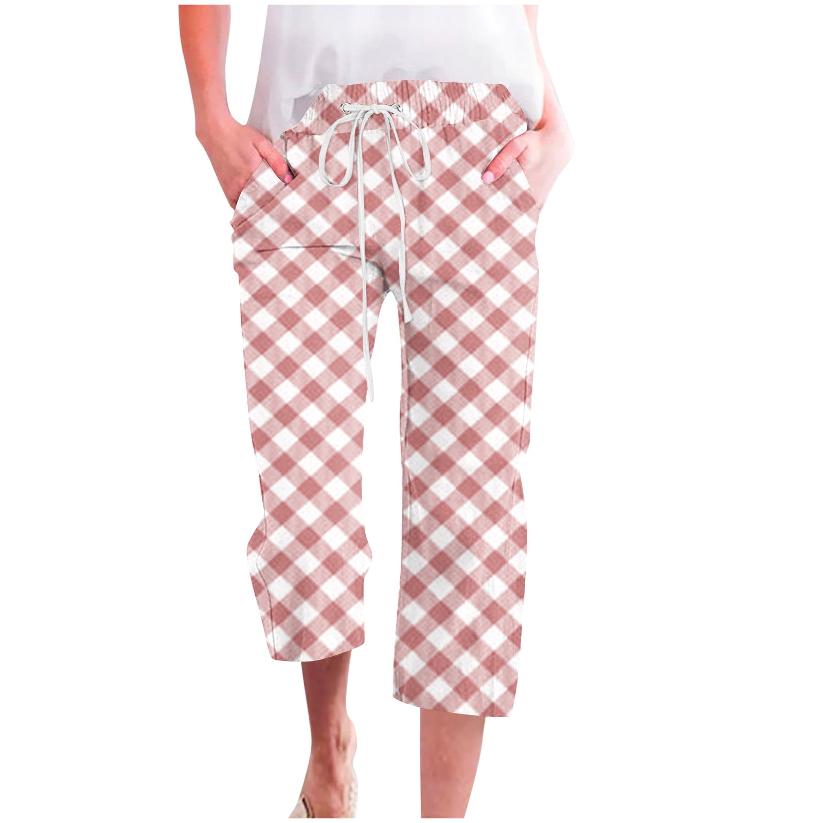 ZyeKqe Women Capri Pants Summer Lounge Pants Drawstring Plaid Pjs Bottoms Capris Straight Wide ...