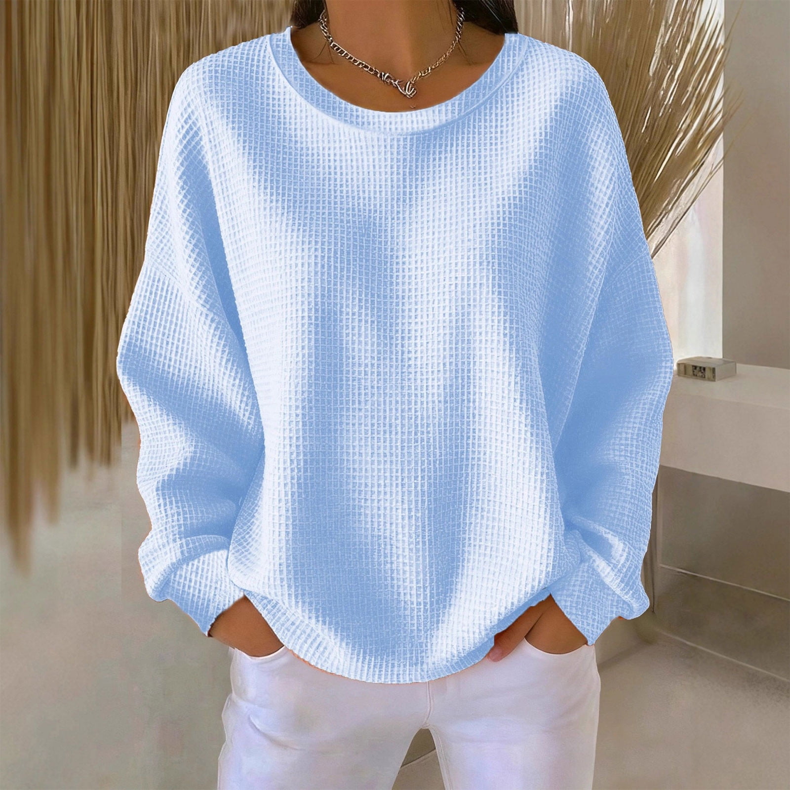 tarylea Womens Waffled Tops Long Sleeve Crew Neck Pullover Tops Casual ...