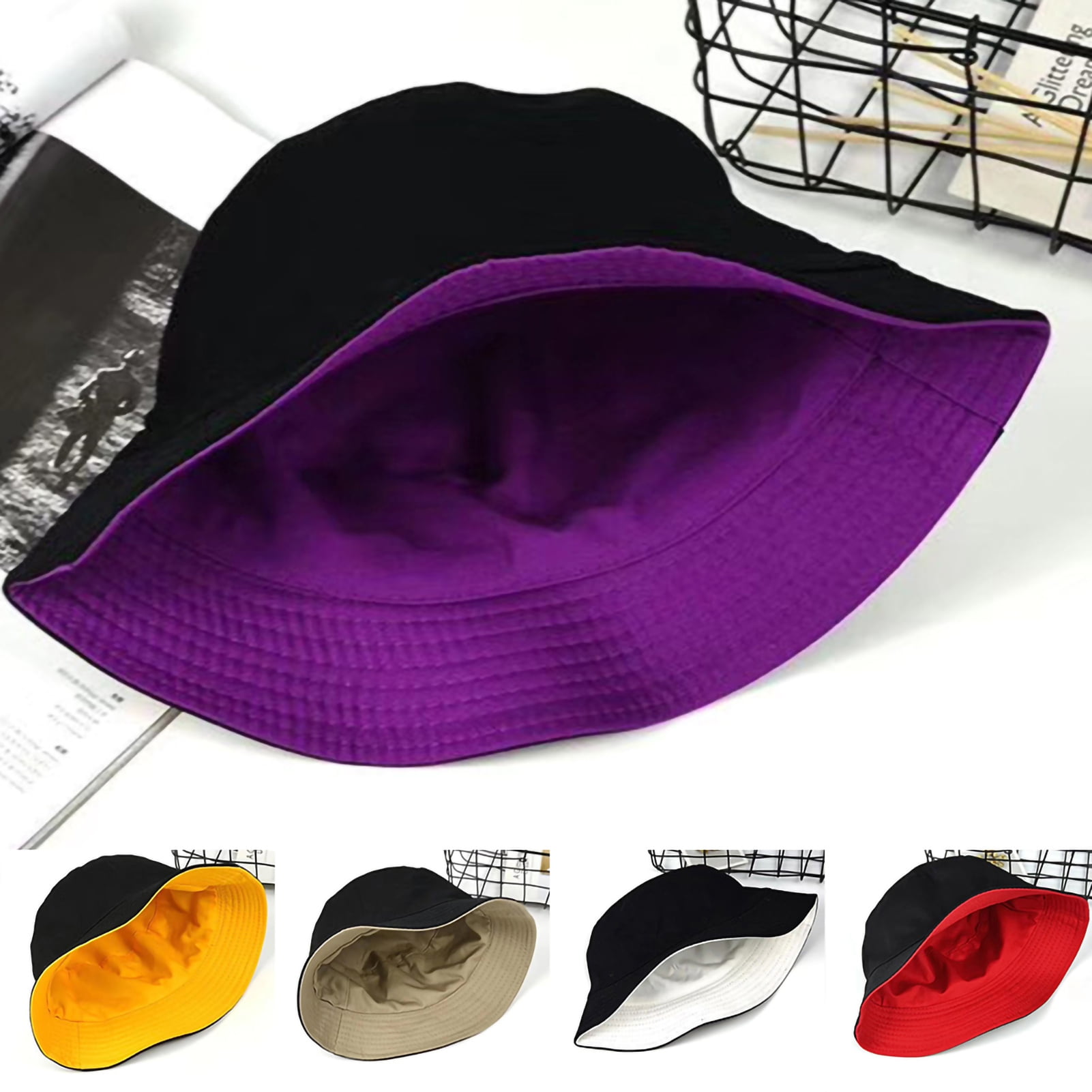 tasrioml Bucket Hat Sun Block Reversible Design Cotton Solid Color ...