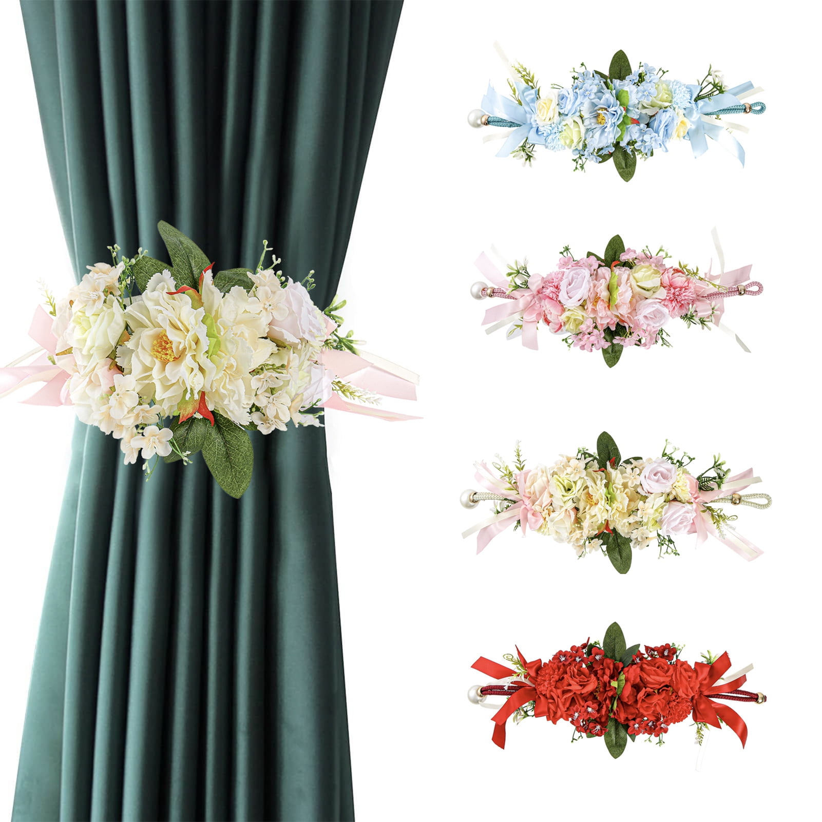 tasrioml Floral Curtain Tiebacks with Realistic Silk Flowers Adjustable ...