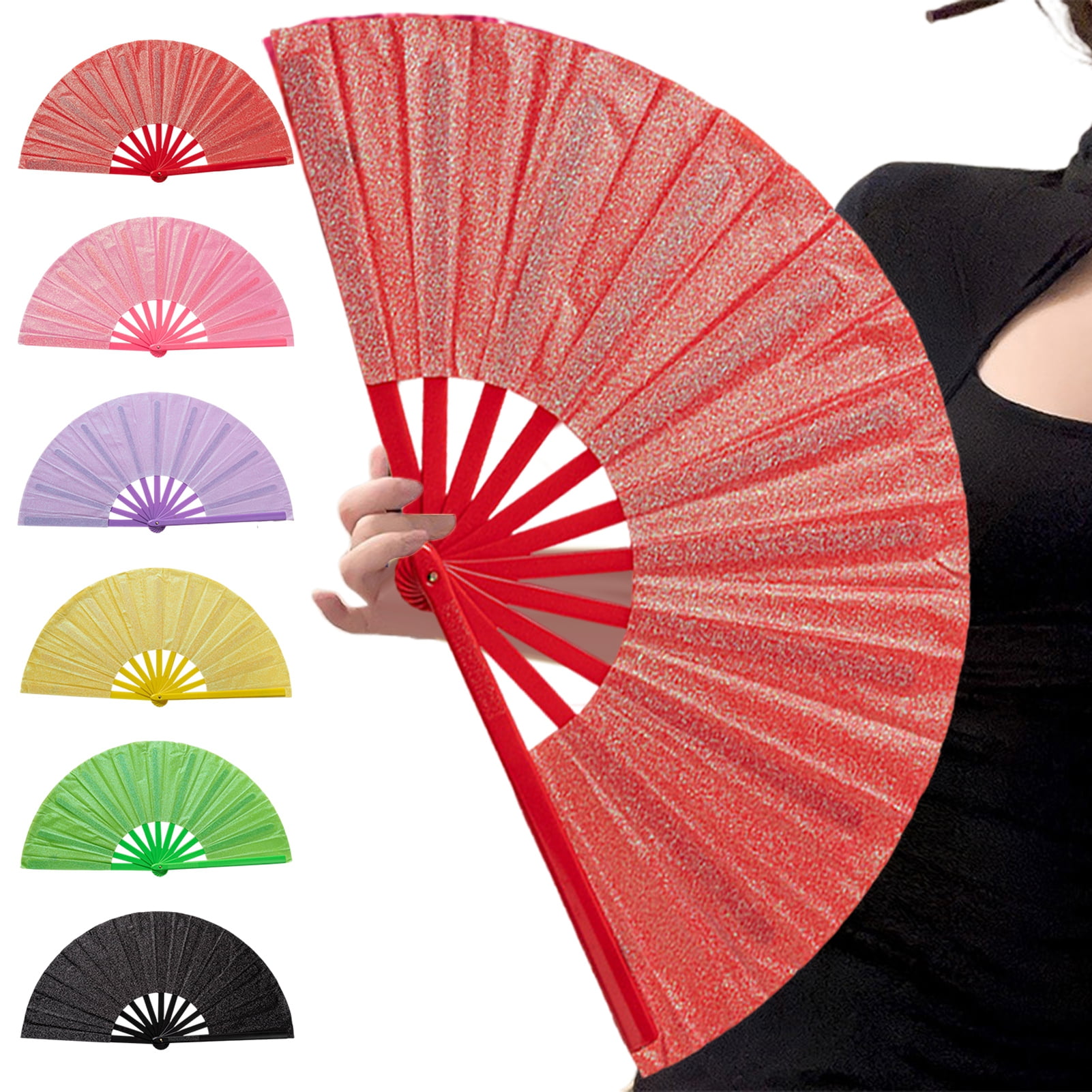 tasrioml Glitter Powder Folding Fan Solid Color Kung Fu Dance ...