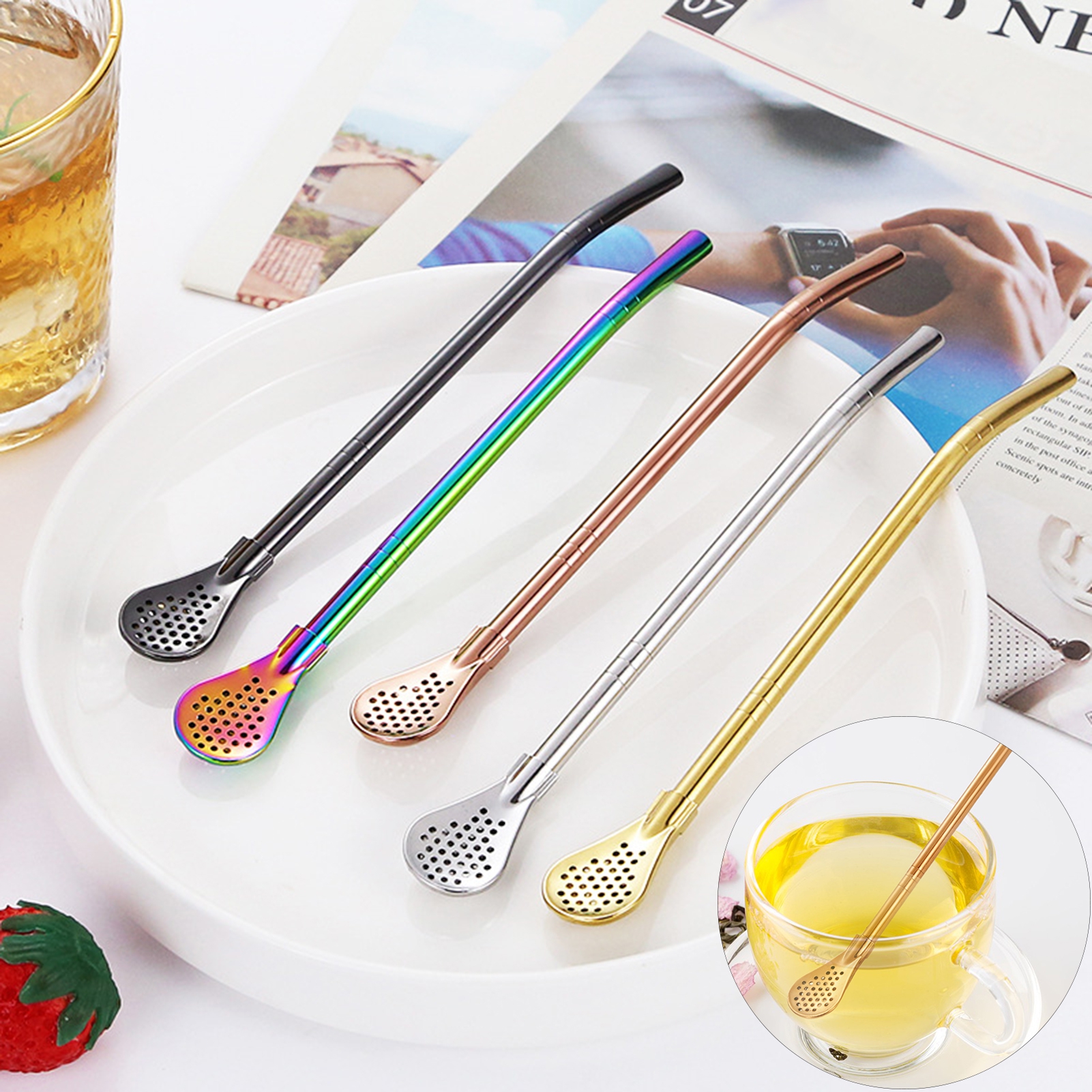 tasrioml Tea Drinking Straws Spoon Filter Colorful Stainless Steel with ...
