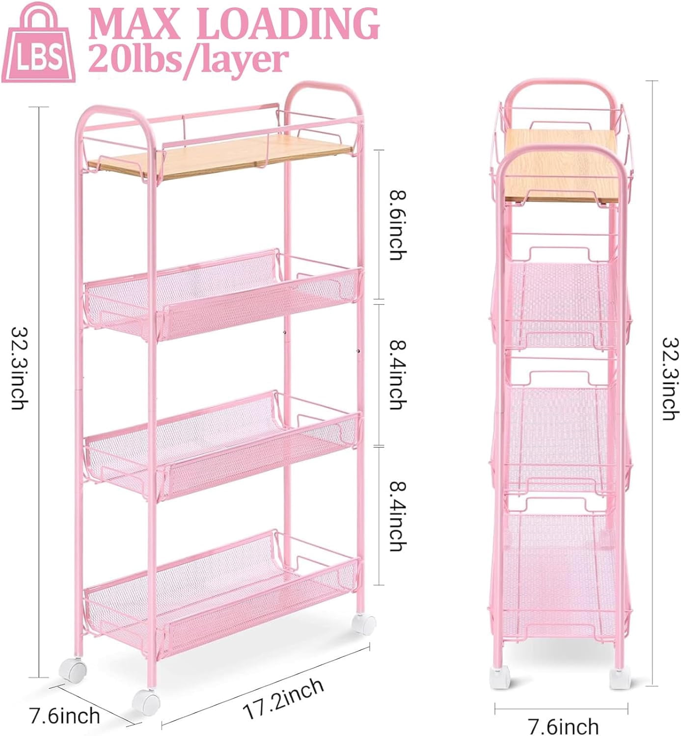 tdgbsgd 4-Tier Slim Rolling Cart with Wooden Tabletop Easy Assemble ...