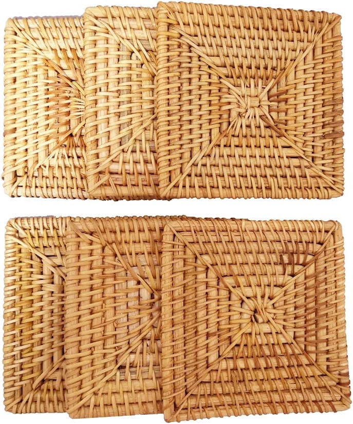 tdgbsgd 6 Pack Woven Coasters Set for Drink 4 Inch Square Rattan Cup ...