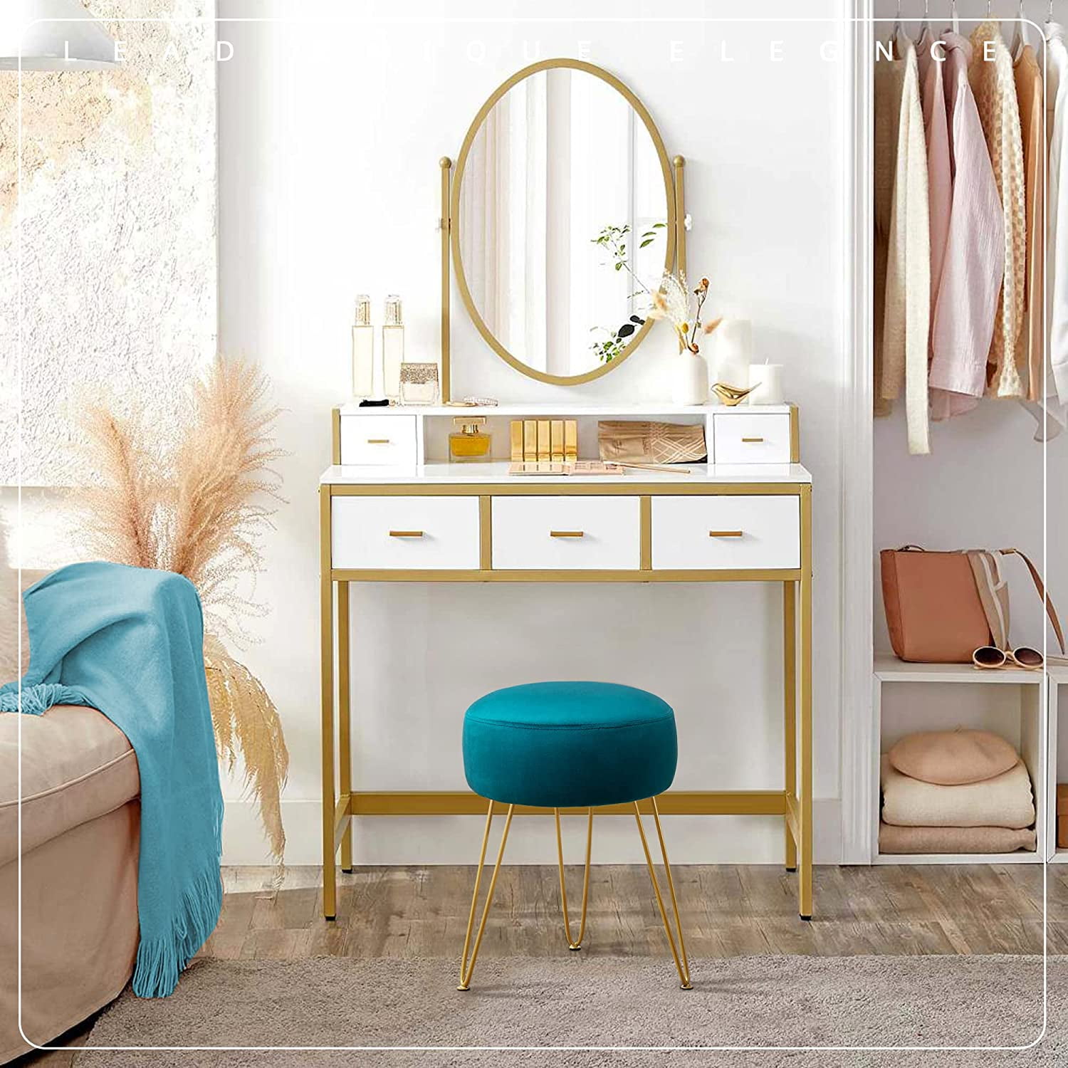tdgbsgd Vanity Stool Teal Vanity Stools for Makeup Room Round Ottoman ...