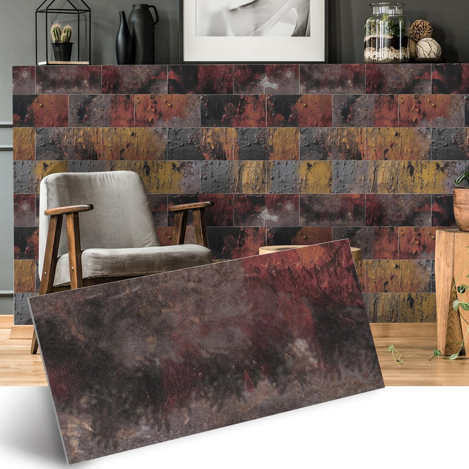 tdhgcdrb 32Pcs 4x8inch Rust Metal Effect Foam Vinyl Wall Tile Transfer ...