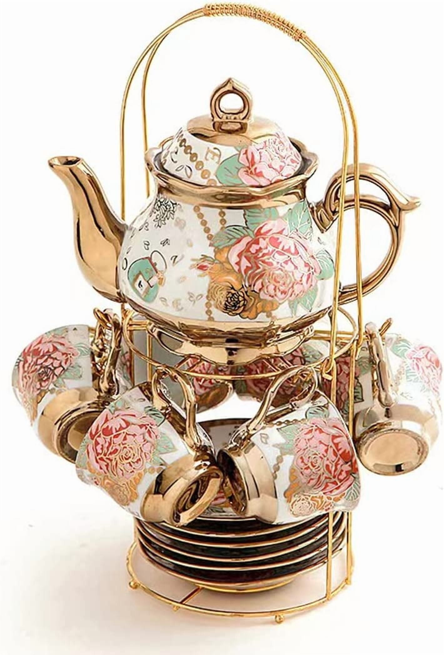tea sets Gold Plated Red Rose Ceramic Tea Set, Vintage Teapot Sets ...