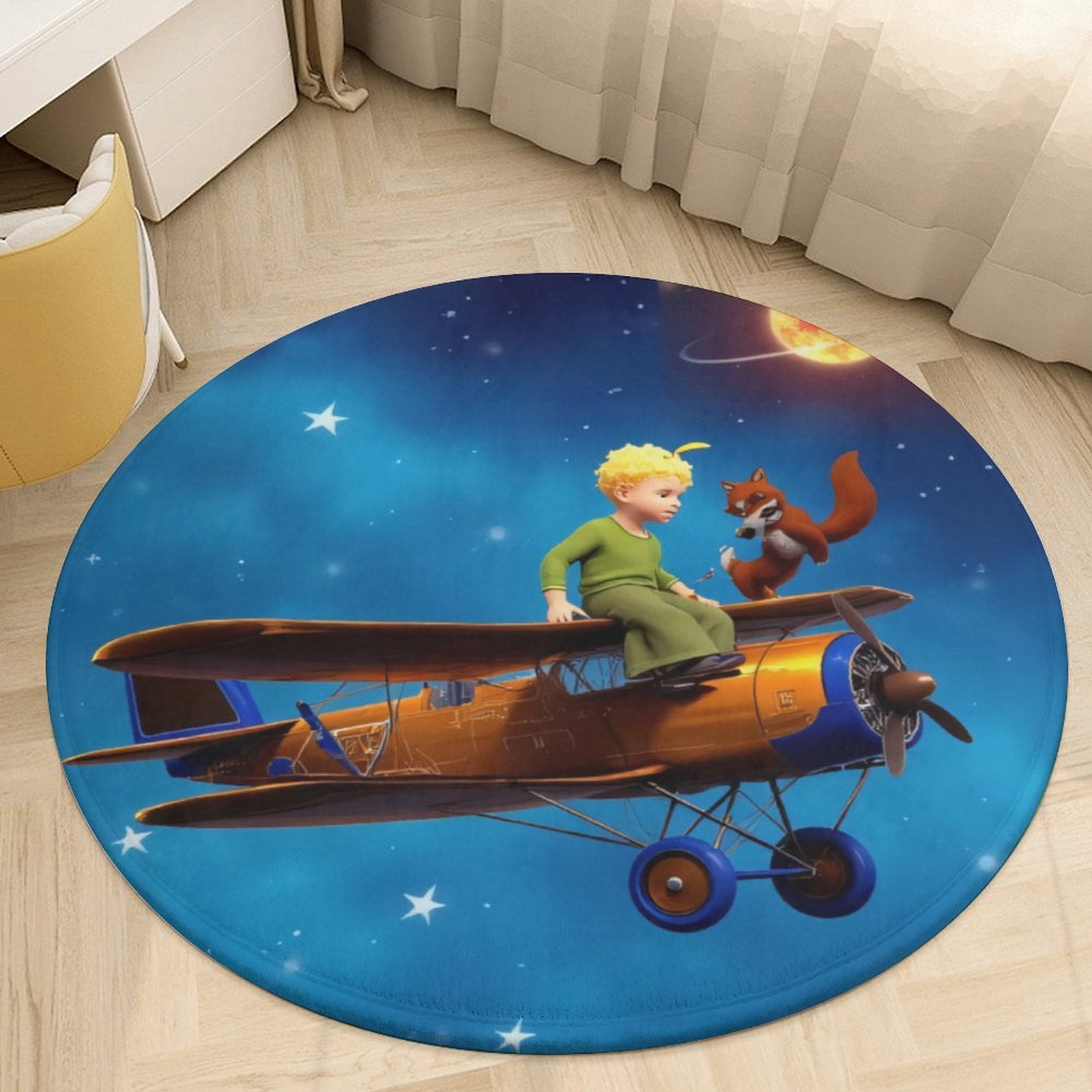 teenager And Fox Flying in Airplane Round Area Rugs for Bedroom Living ...