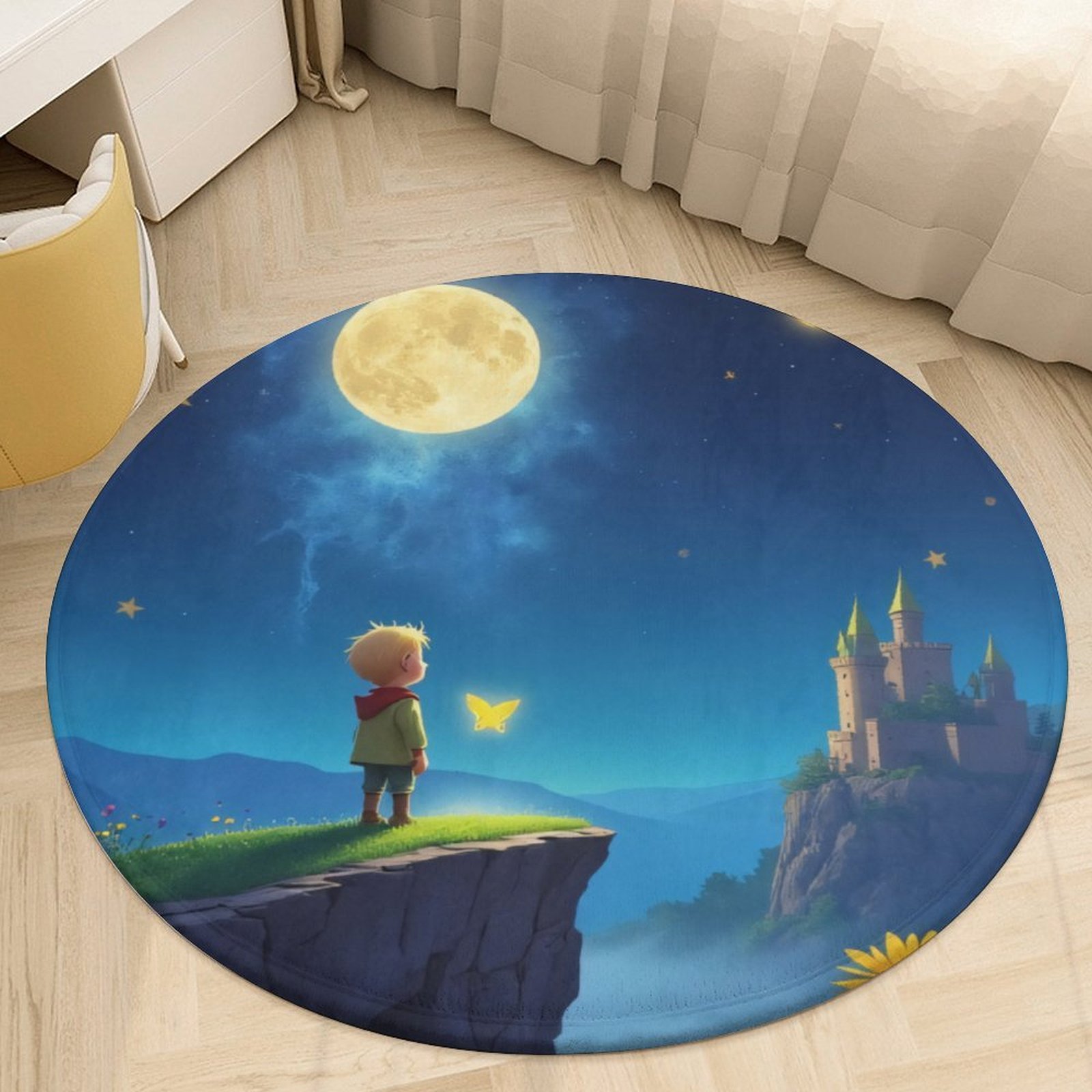 teenager Watching Moon Over Castle Round Area Rugs for Bedroom Living ...