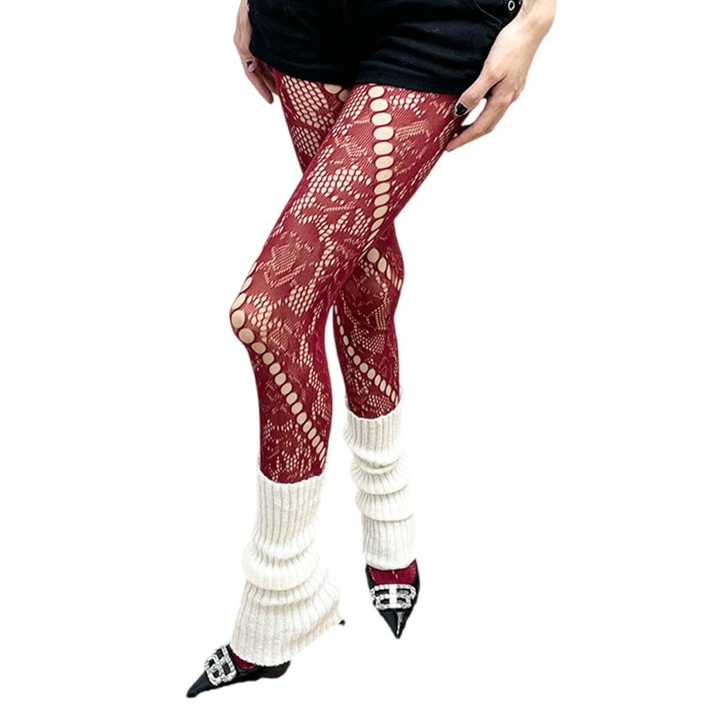 tegongse Womens Vintage Twill Dots Hollowed Lace Fishnet Tights Rose ...