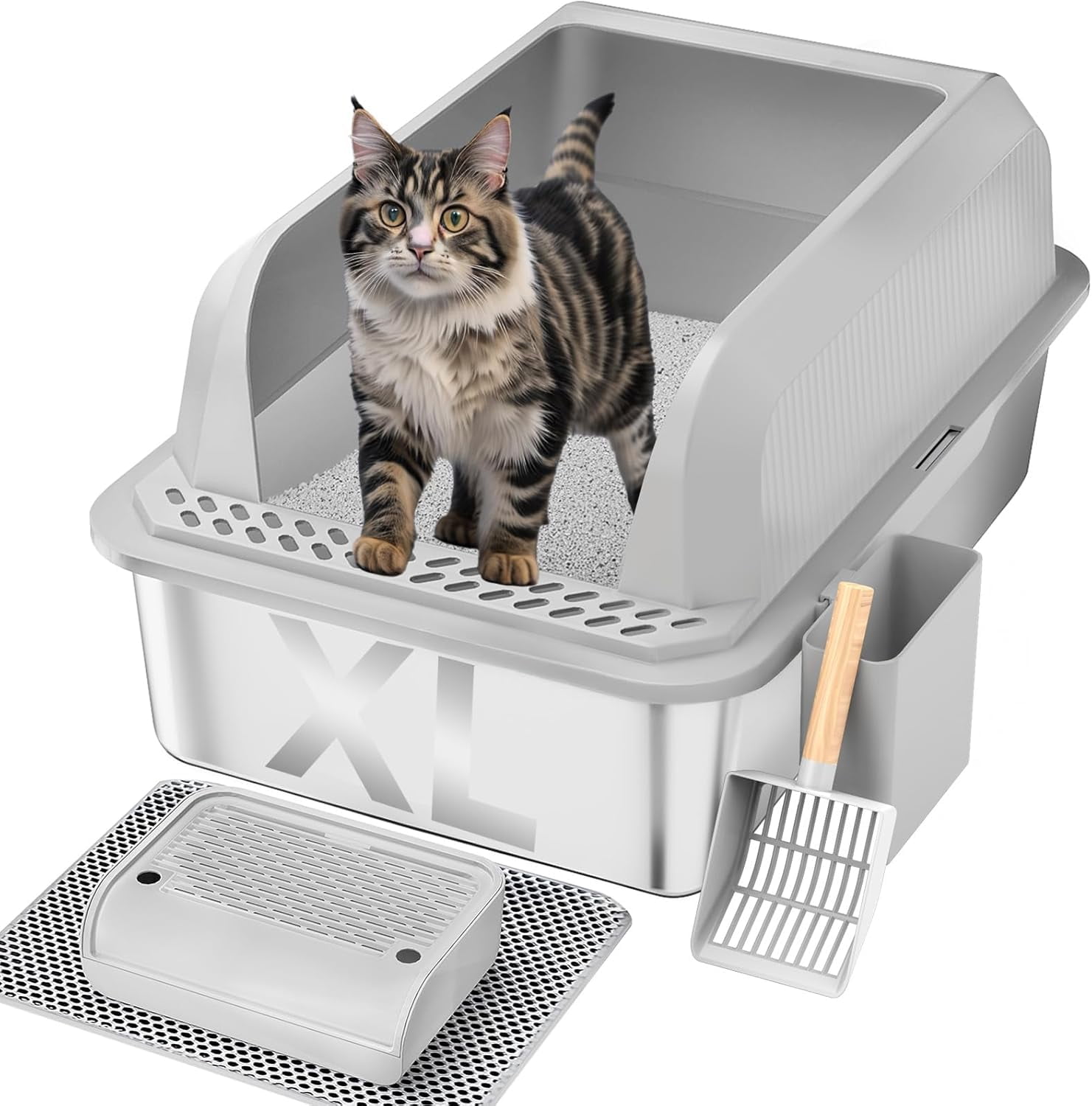 tfghnbc Stainless Steel Cat Litter Box with Lid, XL Large Litter Box ...