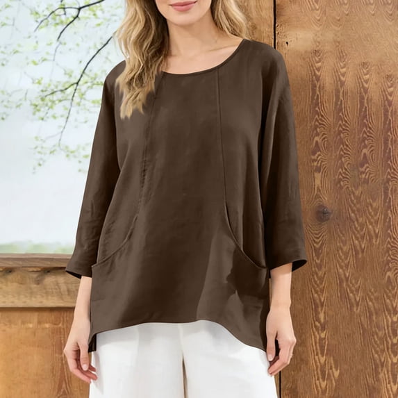 thefmos Casual Loose Pullover Tops for Women Fall Round Neck 3/4 Sleeve ...