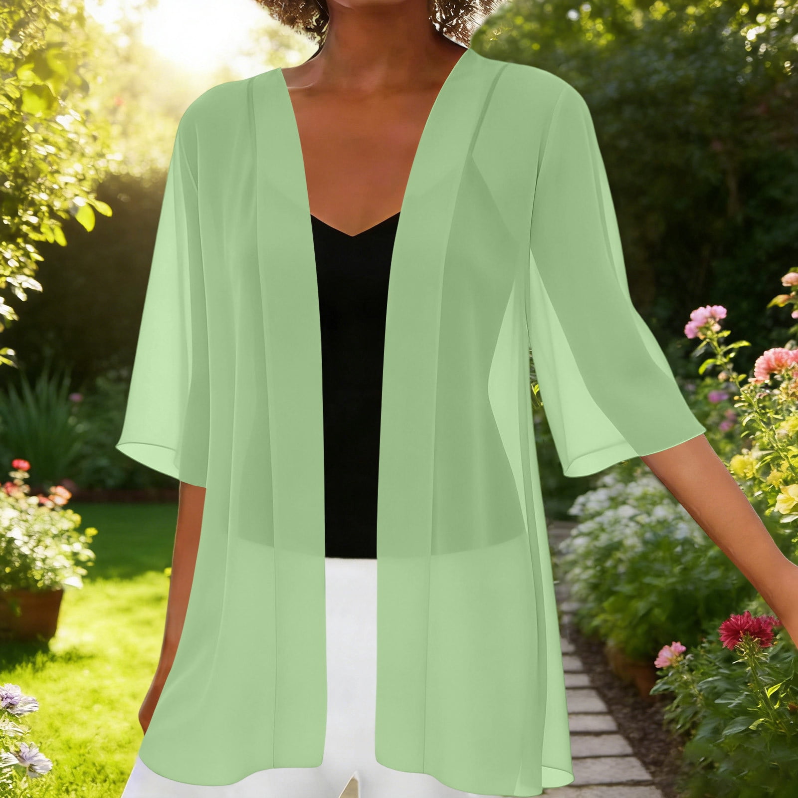 thefmos Women Summer 3/4 Sleeve V Neck Flowy Cardigan Tops Casual Open ...