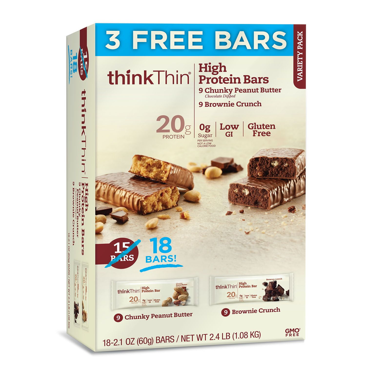 thinkThin High Protein Bars, Chunky Peanut Butter & Brownie Crunch, 2.1 ...