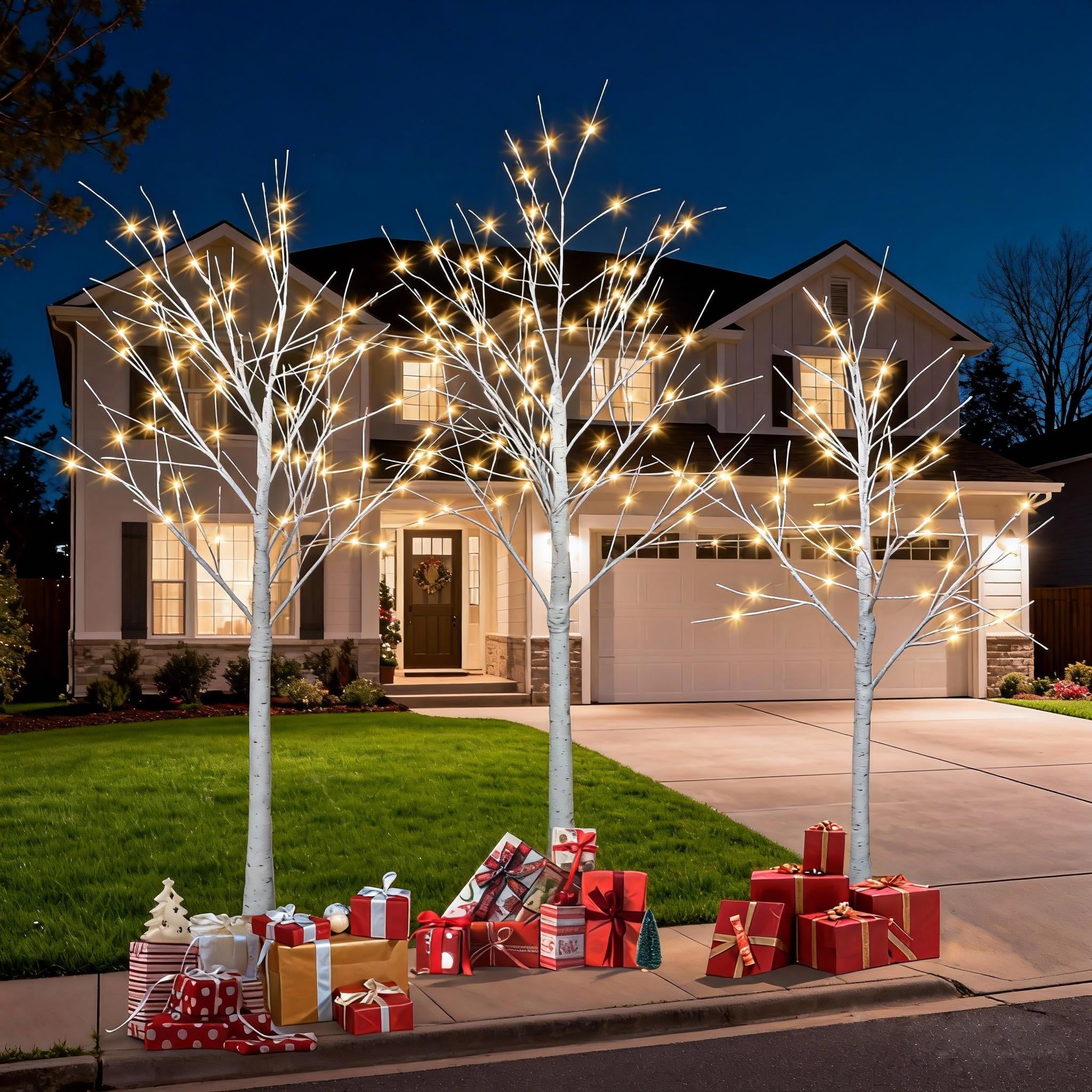3-Piece Lighted Birch Trees Sets, with Lights Features 650 Warm-Toned ...