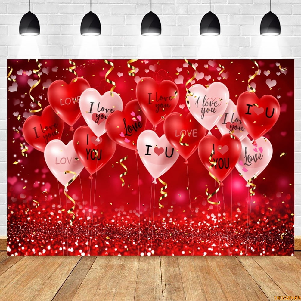 tic February 14 Valtine's Day Backdrop Floral Red Love Heart Balloon ...