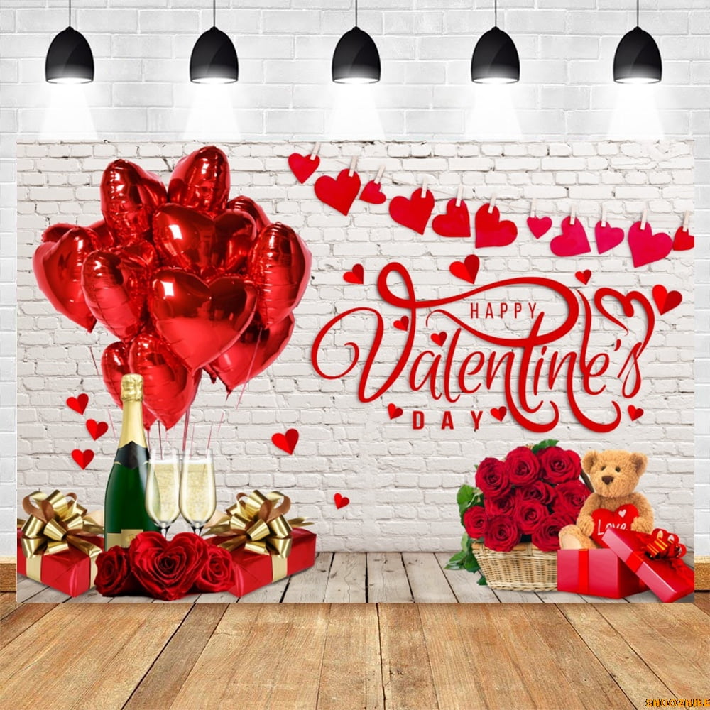 tic February 14 Valtine's Day Backdrop Floral Red Love Heart Balloon Wedding Portrait ...
