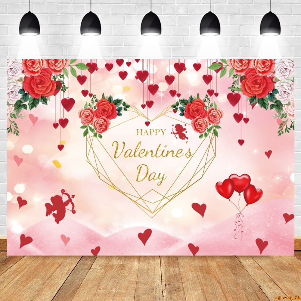tic February 14 Valtine's Day Backdrop Floral Red Love Heart Balloon Wedding Portrait ...