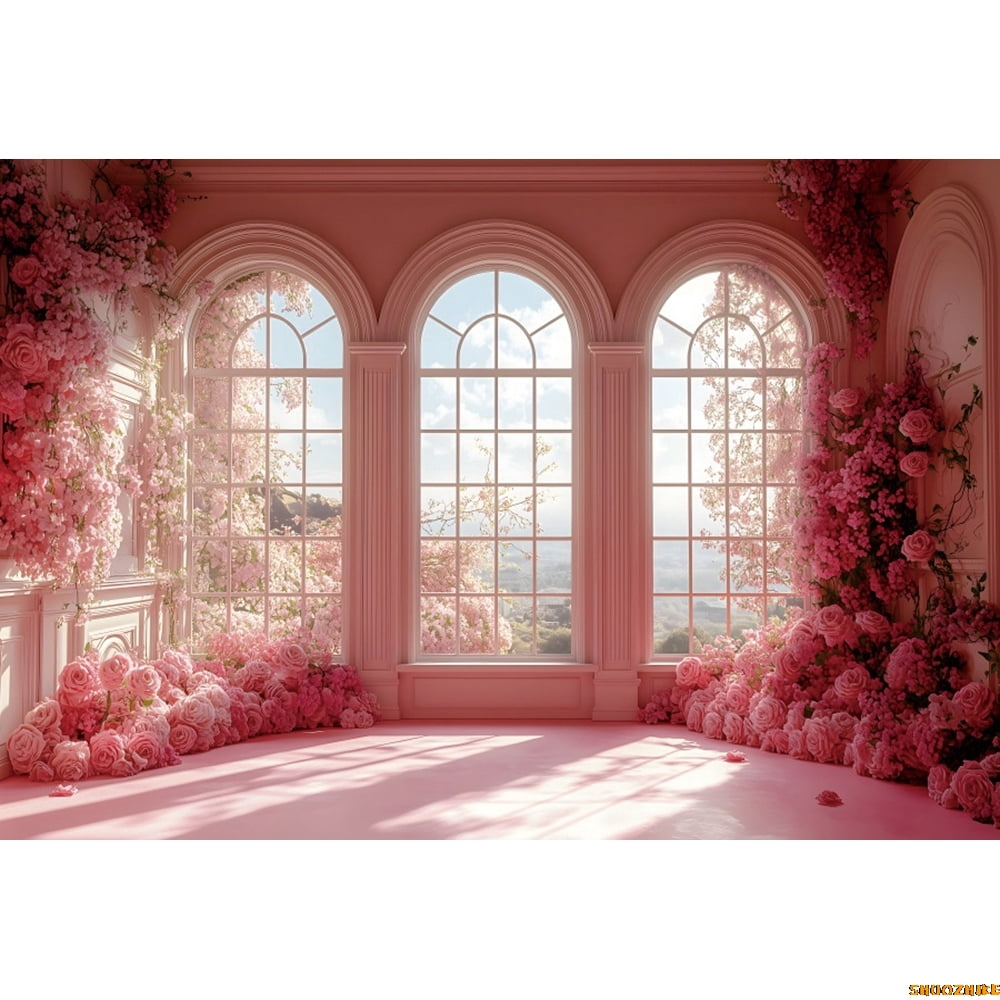tic Pink European Style Photography Backdrop Arched Windows Flowers ...